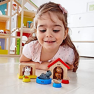 Family Pets Wooden Dollhouse Animal Set by Hape | Complete Your Wooden Dolls House with Happy Dog, Cat, Bunny Pet Set with Complimentary Houses and Food Bowls