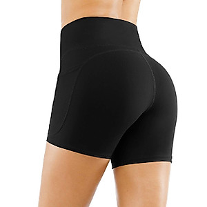 THE GYM PEOPLE High Waist Yoga Shorts for Women Tummy Control Fitness Athletic Workout Running Shorts with Deep Pockets (Medium, Black)