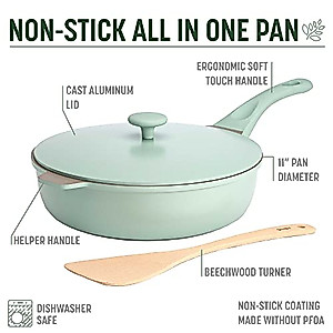 Goodful All-in-One Pan, Multilayer Nonstick, High-Performance Cast Construction, Multipurpose Design Replaces Multiple Pots and Pans, Dishwasher Safe Cookware, 11-Inch, 4.4-Quart Capacity, Sage Green