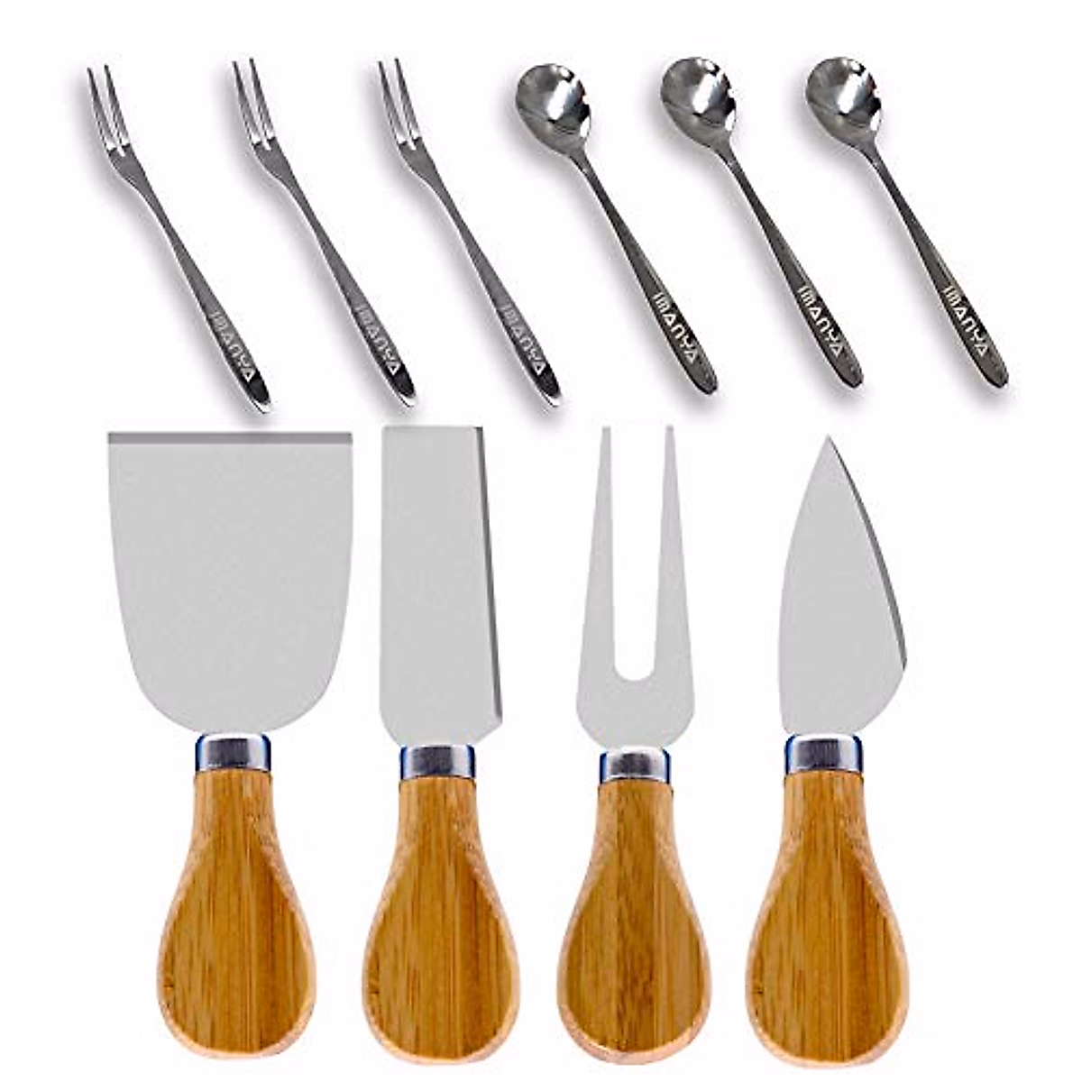 IMANYA 10 Pieces Cheese Knives Set 4 Pieces Stainless Steel Cheese Knives with bamboo handle, 6 Pieces Forks and Spoons – Fancy Gifts For Housewarming, Birthday, Wedding, Thanksgiving & Christmas