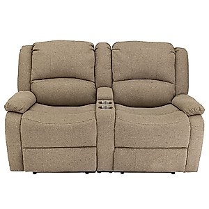 RecPro Charles 64" Double Recliner RV Sofa with Console and Cupholders | Zero Wall Loveseat for Camper | Wall Hugger Couch | Fifth Wheel Theater Seating | Replacement RV Furniture | Oatmeal Cloth