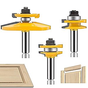OLETBE 3 PCS Router Bit Set, 1/2-Inch Shank Round Over Raised Panel Cabinet Door Rail and Stile Router Bits, Woodworking Wood Cutter, Wood Carbide Groove Tongue Milling Tool(Gold)