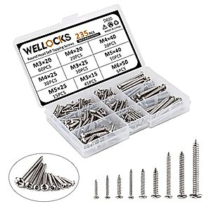 WELLOCKS Wood Screws 235 PCS 304 Stainless Steel M3/M4/M5/M6 Round Head Self Tapping Screws Assortment Set Rust Proof Wood Screw Kit with Storage Box for Homemade, Repairment, Woodwork Indoor(D035)