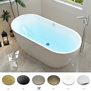 FerdY Bali 55"x28" Freestanding Bathtub, Modern Oval Acrylic Soaking Bathtub with Brushed Nickel Drain, Integrated Slotted Overflow, Glossy White, cUPC Certified, 02538
