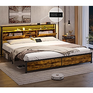 ADORNEVE King Size Bed Frame with Storage & LED Light Headboard, Metal Platform Bed with Type-C & USB Charging Station, King Bed Frame with Shelf Headboard, No Box Spring Needed, Vintage Brown