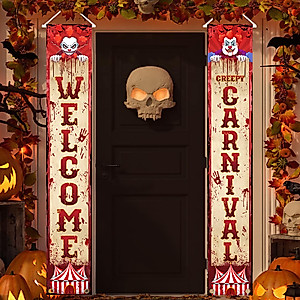 Avezano Halloween Evil Circus Door Cover Halloween Door Decorations Creepy Carnival Welcome Porch Banner Halloween Clown Hanging Banner Outdoor Indoor