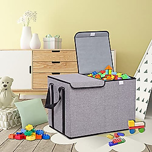 OUTBROS Box Chest Storage Organizer with Double Flip, 17.7 * 11.8 * 11.8 inch Collapsible Sturdy Boxes Organizer Bins with Big Handles, for Nursery, Playroom, Clothes, Blanket, Bedroom (2 Pack, Grey)