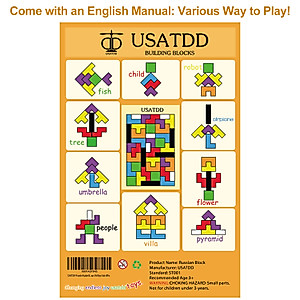 USATDD Wooden Puzzles Blocks Brain Teasers Toy Russian Tangram Colorful Jigsaw Game Montessori Intelligence STEM Preschool Educational Gift for Baby Toddlers Kids 3 4 5 6 7 Years Old Boys Girls 40Pcs