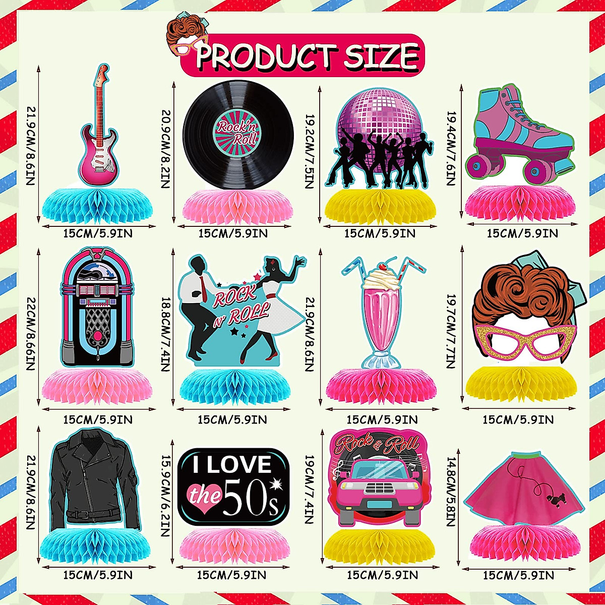 ZCPTZ 12 Pcs 1950's Rock and Roll Honeycomb Centerpieces 50's Party Decorations 50s Retro Table Toppers Table Centerpieces for 50's 60's Theme Music Party Supplies Favors