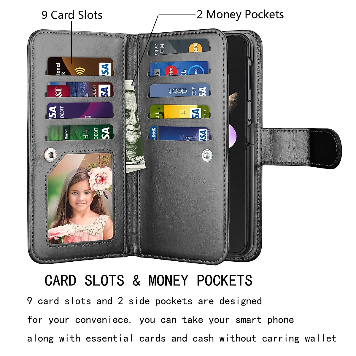 Njjex Galaxy Z Flip 5 5G Case, for Samsung Galaxy Z Flip 5 5G Wallet Case, [9 Card Slots] PU Leather ID Credit Holder Folio Flip [Detachable] Kickstand Magnetic Phone Cover & Lanyard [Black]