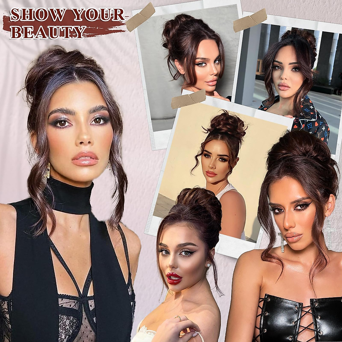 DeeThens Messy Bun Hair Piece Tousled Updo Hairpiece for Women Wavy Curly Scrunchies Clip in Claw Hair Bun Synthetic Chignon Claw Clip With Hair Attached (Darkest Brown)