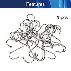 Juvielich 25 Pcs 5" Wall Mounted S Shaped Hook Hangers for Towel Bag Key Kitchen Utensils, Thickness 4mm/0.16" Silver Colored