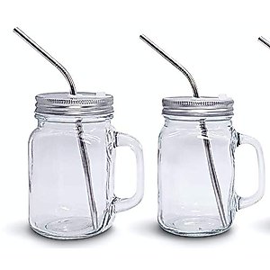 Home Suave 20 oz Mason Jar Mug with Handle, Regular Mouth, Lids with 2 Reusable Stainless Steel Straw, Set of 2 (Silver), Kitchen Glass 20 oz Jars, Dishwasher Safe