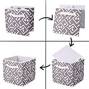 4 pc Cube Storage Bin Set – 11 inch Foldable Storage Cubes - Fabric Bins for Shelf, Closet, Clothes Organizer, 11X11 Foldable Basket, Decorative Cute Pattern Canvas Organization (Yellow, Blue & Brown) (Brown)