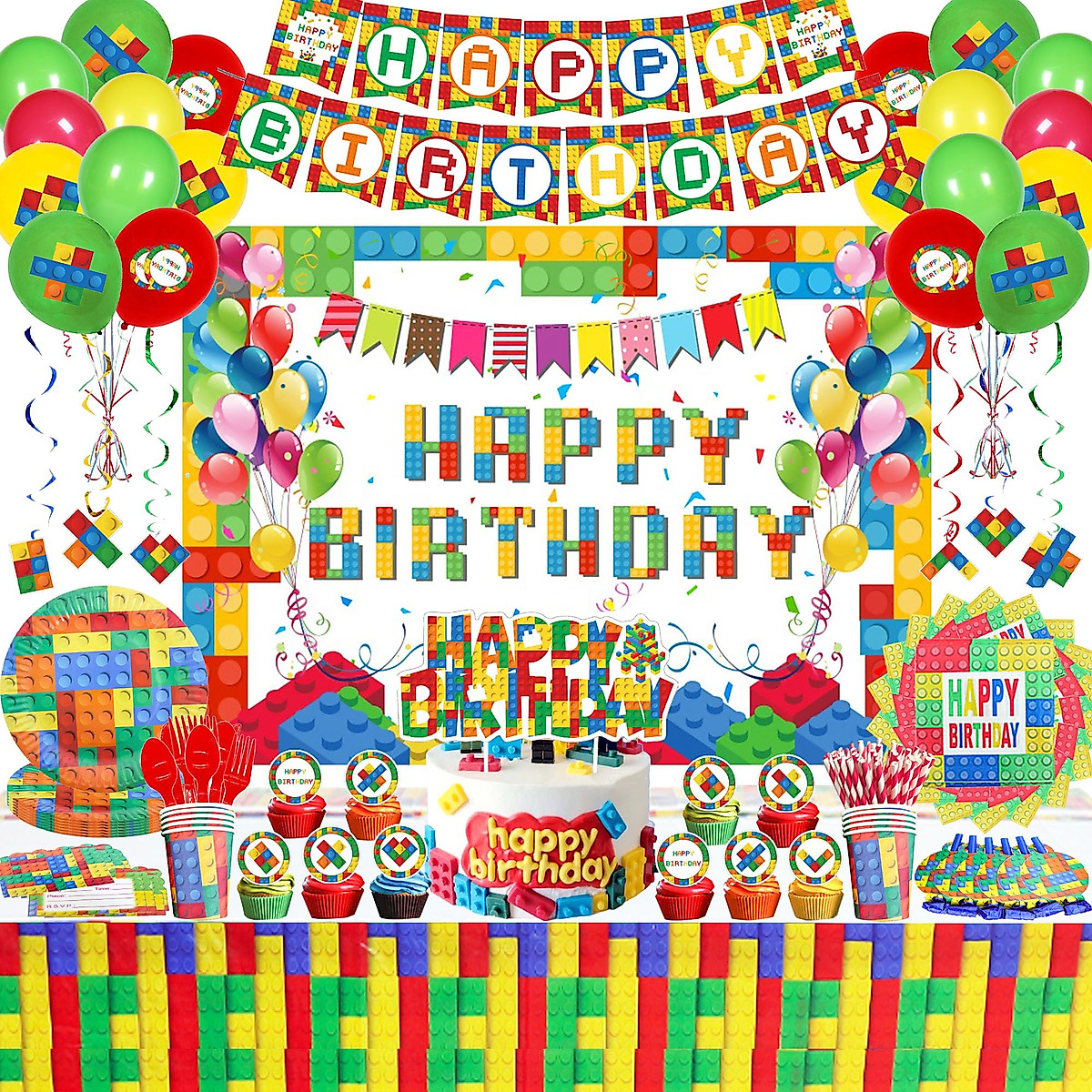 179Pcs Building Block Birthday Party Supplies for 10 Guests, Party Decorations Includes Backdrop, Banner, Latex Balloons, Tableware, Cupcake Toppers, Hanging Swirls, Tablecloth, Invitation Cards,