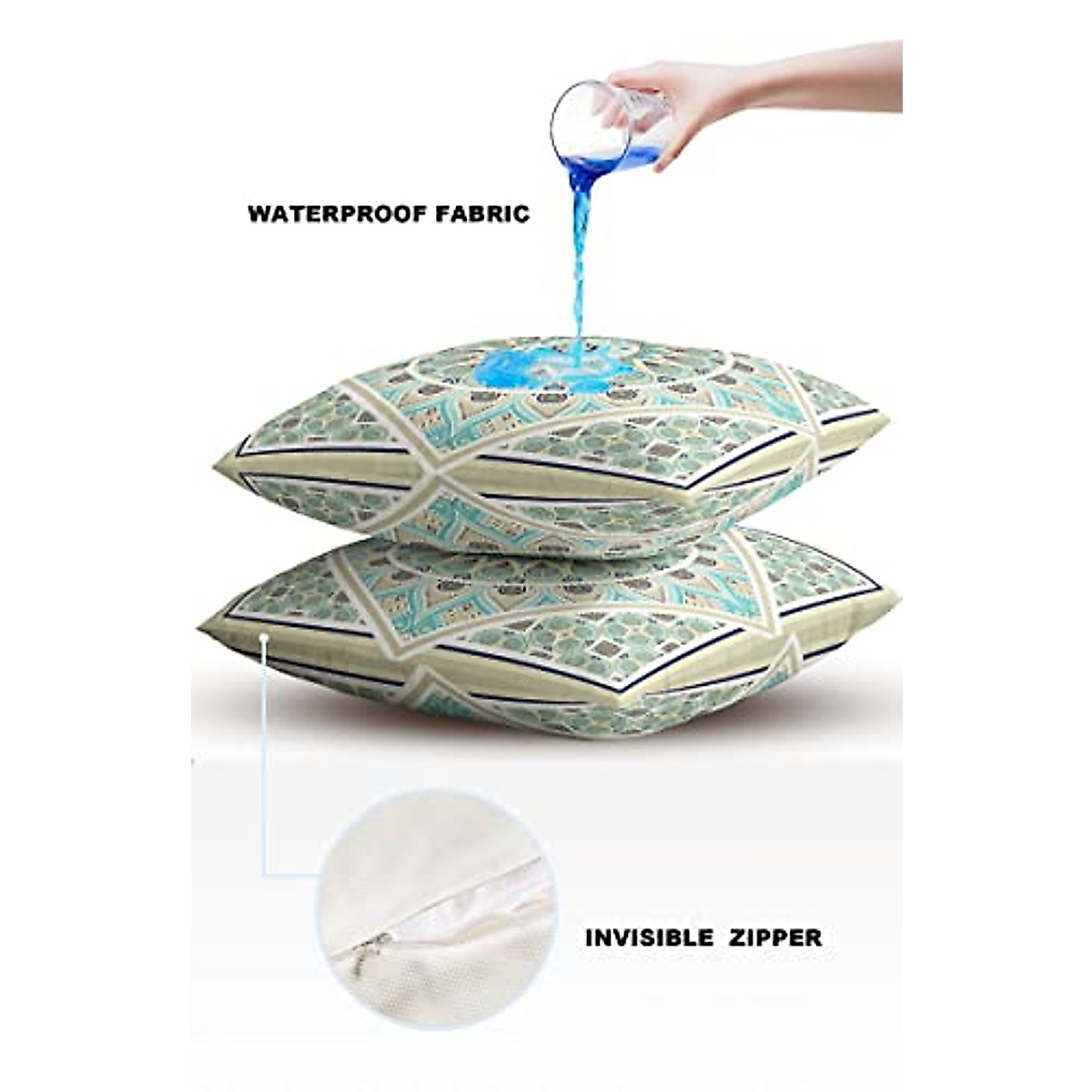 Outdoor Pillows Waterproof Pillow Covers Set of 2, Bohemian Mandala Tile Pattern Polyester Throw Pillow Covers Garden Cushion Case for Patio Funiture Sofa Decoration, 20x20inch, Boho