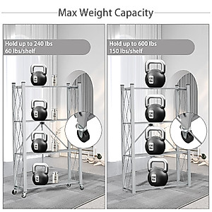 Yuanjimi 4 Tier Foldable Storage Shelf with Wheels, Heavy Duty Garage Shelving Unit Loads 600 LBS, Metal Steel Collapsible Shelves, Rolling Standing Utility Rack for Kitchen, Pantry, Office, Dark Grey