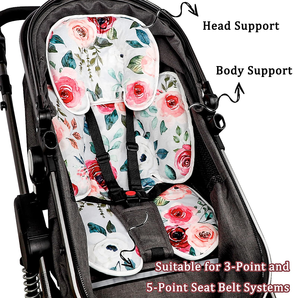 CARUILI 2-in-1 Infant Car Seat Insert for Newborn, Car Seat Head Support Baby Girls Boys, Extra Soft Preemie Carseat Head Support Cushion Pillow for Baby Car Seats, Strollers, Bouncers, Floral