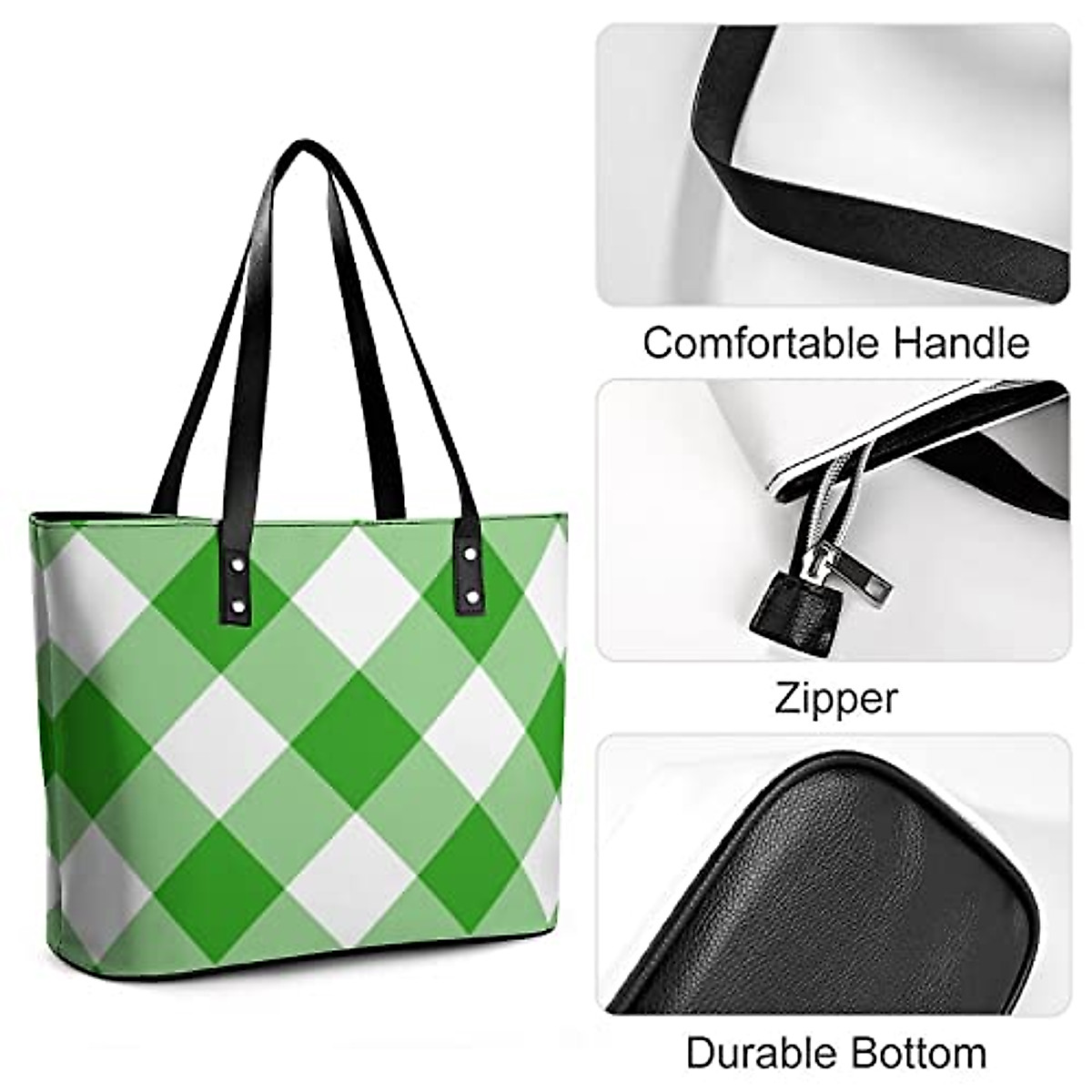 Womens Handbag Green White Plaid Pattern Leather Tote Bag Top Handle Satchel Bags For Lady