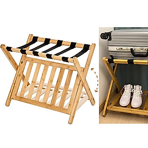 koyasiry Fully Assembled Luggage Rack,2-Packed,Foldable Bamboo Luggage Rack for Guest Room Suitcase Stand with Nylon Straps,Luggage Stand Bamboo Luggage Holder with Shelf for Bedroom,Hotel,No Assembly