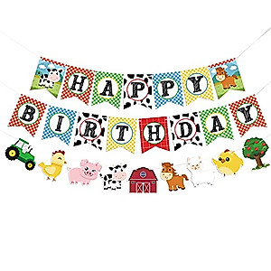 WERNNSAI Farm Animals Birthday Banner - Happy Birthday Banner with Tractor Barnyard Bunting Garland for Kids Boys Girls Farm Theme Party Decorations Supplies