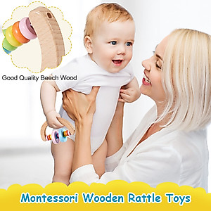 4 Pcs Montessori Toys for Babies Wooden Baby Toy for Babies 18+ Months Wooden Rattle Baby Teething Toys Silicone Rudder with Beech Wooden Ring