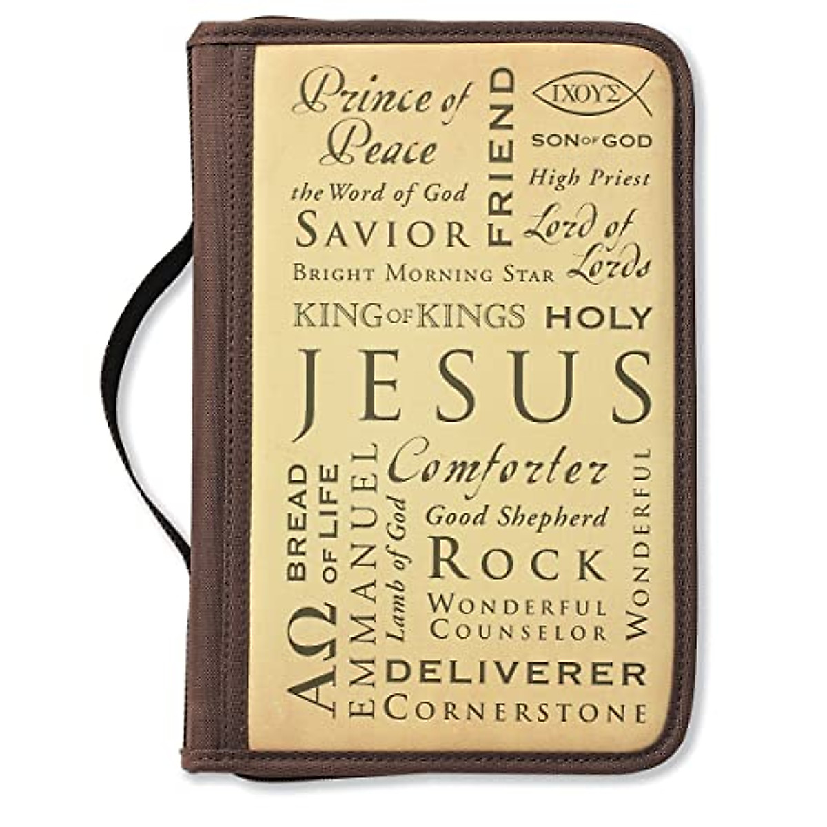 Names of Jesus Bible Cover, Zippered, with Handle, Canvas, Brown, Large