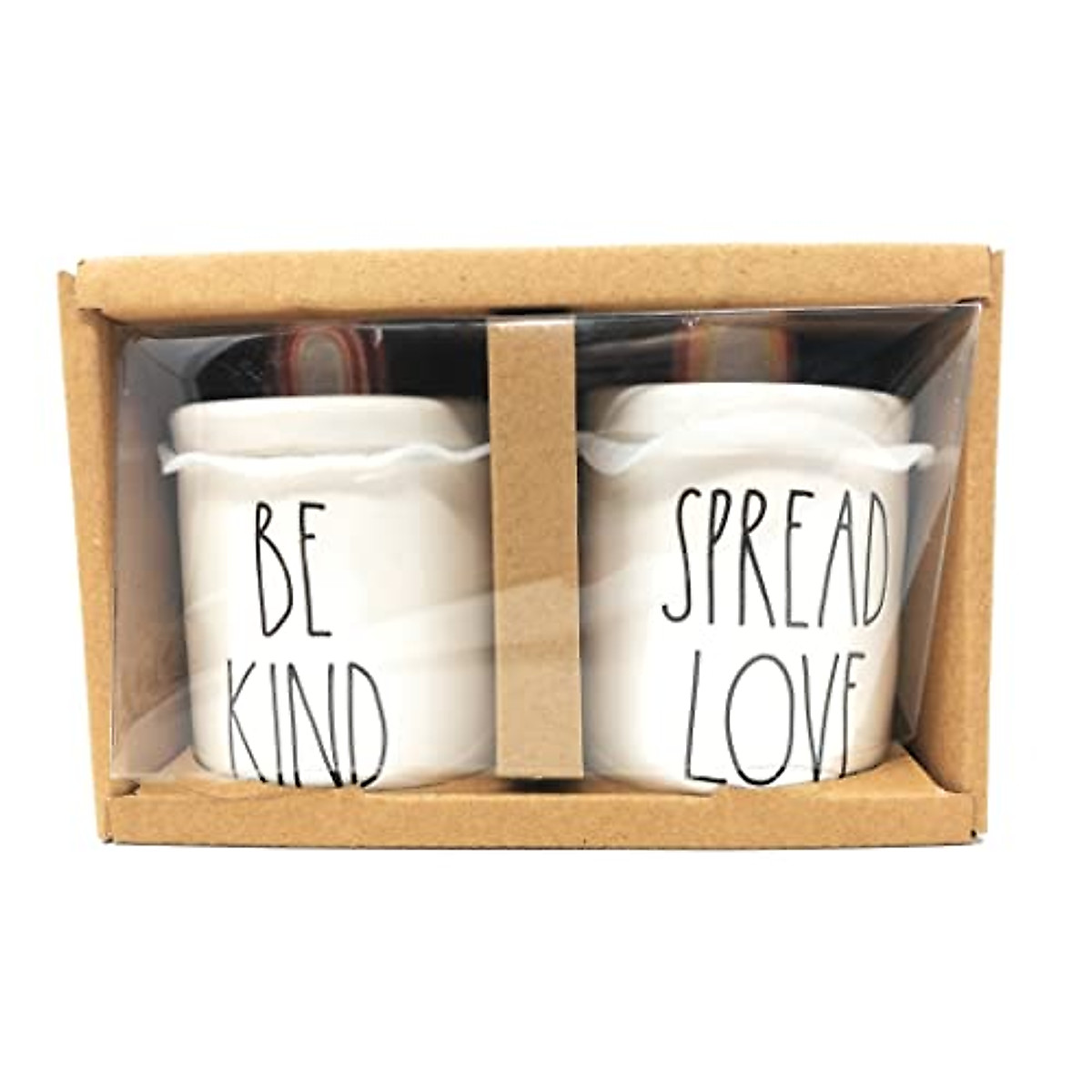 Rae Dunn by Magenta LL BE KIND and SPREAD LOVE Jar Set, Rainbow Handles, 4" tall x 2.75" wide each, Ceramic Jars, Bathroom, Bedroom, Make Up, Holder, Storage, Canister, Organizer