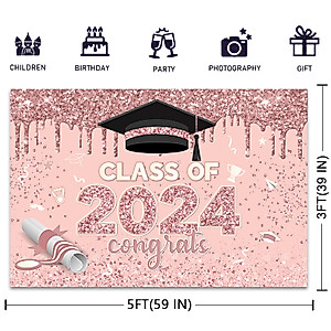 GPWXYYY Pink and Rose Gold Graduation Decorations Class of 2024 Backdrop Congrats Graduation Banner Photo Background for College Graduation Party Supplies