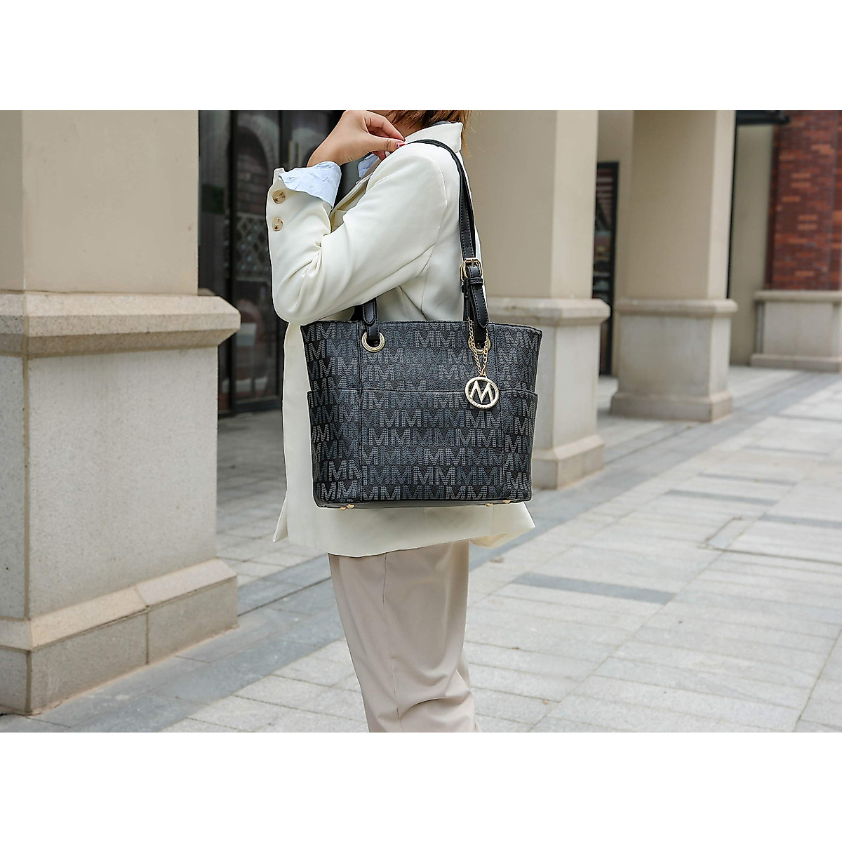 MKF Shoulder Bag for Women: PU Leather Top Handle Tote Handbag – Lady Fashion Satchel Pocketbook, Signature Purse White