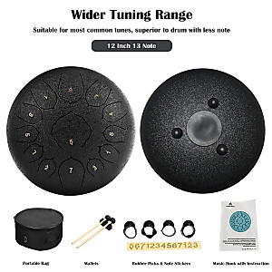 Sonart 12 Inch High Carbon Steel Tongue Drum, 13 Notes Lotus Hand Steel Pan Drum w/Drum Hammer, Drumstick Bracket, Rubber Finger Sleeve and Travel Bag for Camping, Meditation, or Yoga (Black)