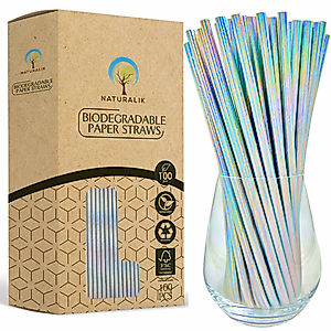 Naturalik 100-Pack Extra Durable Iridescent Paper Straws Biodegradable- Premium Eco-Friendly Paper Straws Bulk- Drinking Straws for Juices, Restaurants and Party supplies, 7.7" (Silver, 100ct)
