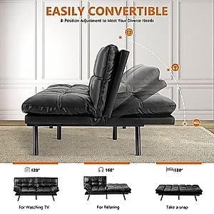 Sweetcrispy Futon Sofa Bed - Sleeper Convertible Futon Couch, Memory Foam Couch Convertible Loveseat for Living Room, Leather, Black