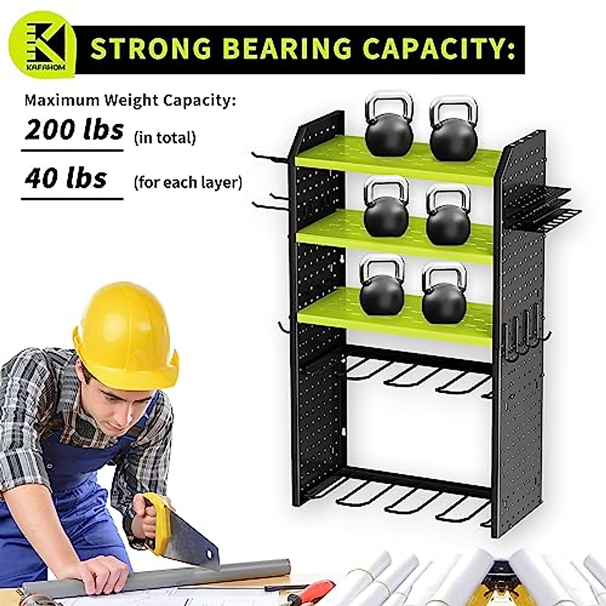 KAFAHOM Power Tool Organizer, Large 8 Drill Holder Wall Mount with 2 Side Pegboards,5 Layer Heavy Duty Metal Tool Storage Rack, Tool Shelf for Garage Organization, Utility Battery Shelves - Green