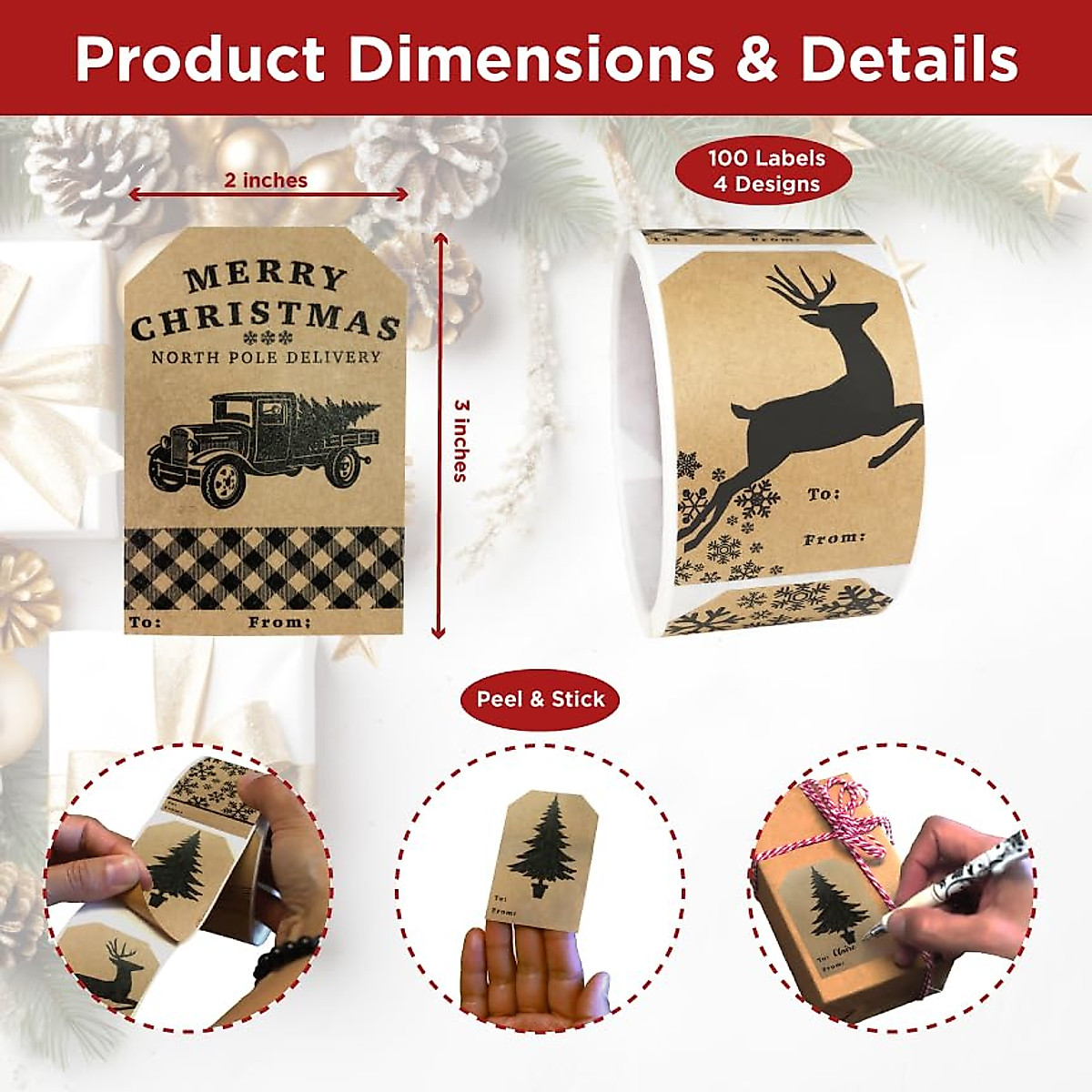 Natural Kraft Gift Tags Holiday Present Stickers 4 Different Designs 2 x 3 Inch 100 Total Labels