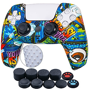 YoRHa Water Transfer Printing Silicone Thickened Cover Skin Case for PS5 Controller x 1(Blue Graffiti) with Thumb Grips x 10