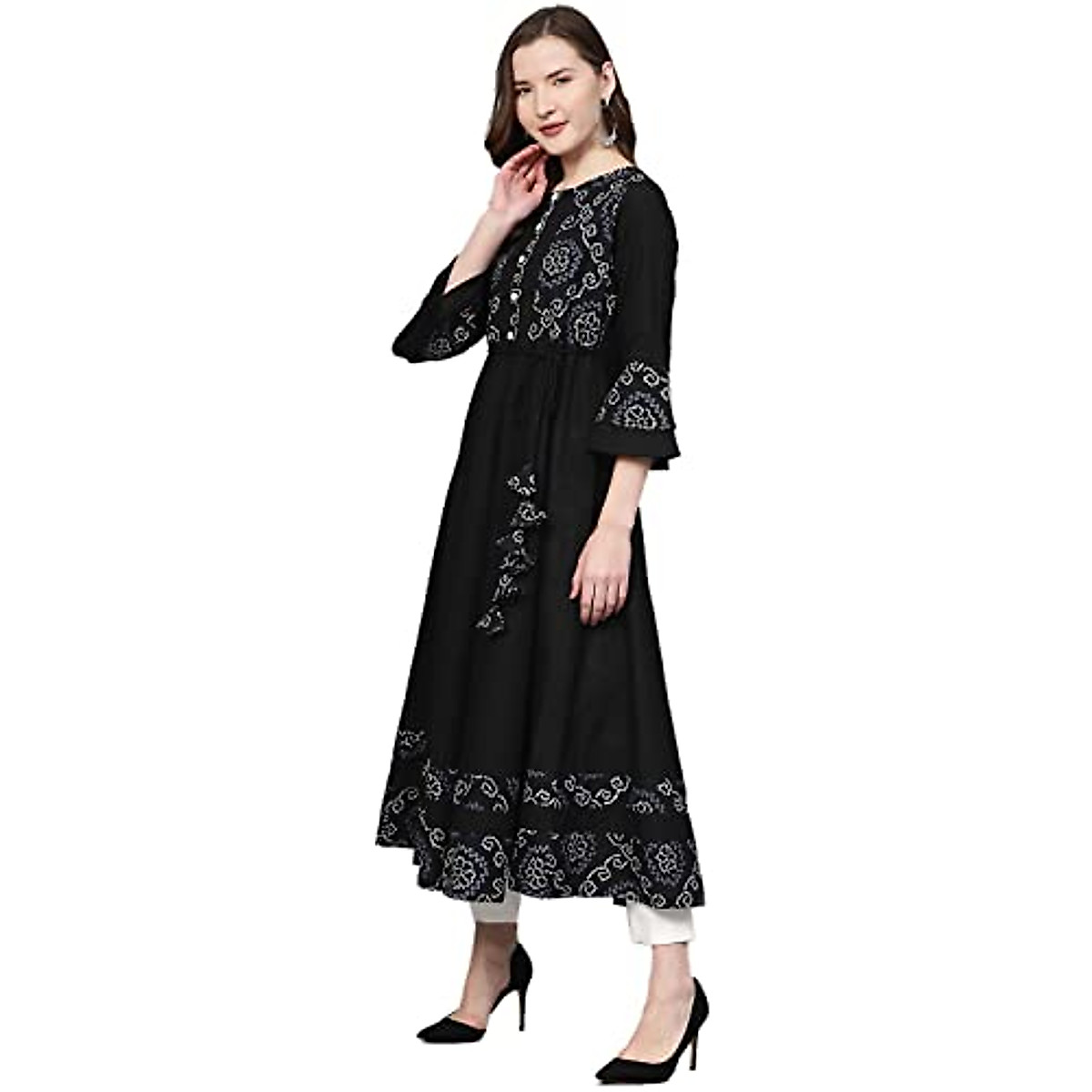 Yash Gallery Women's Cotton Slub Bandhej Print Anarkali Kurtis (Black)