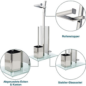 WC Set with roll Holder - Shiny Chrome - Toilet Paper Holder - Stainless Steel Chrome-Plated - Glass Base - Dim: 32x20x70cm– Easy Installation – Plus: 1+2 Extra Toilet Brush Heads for Exchange!