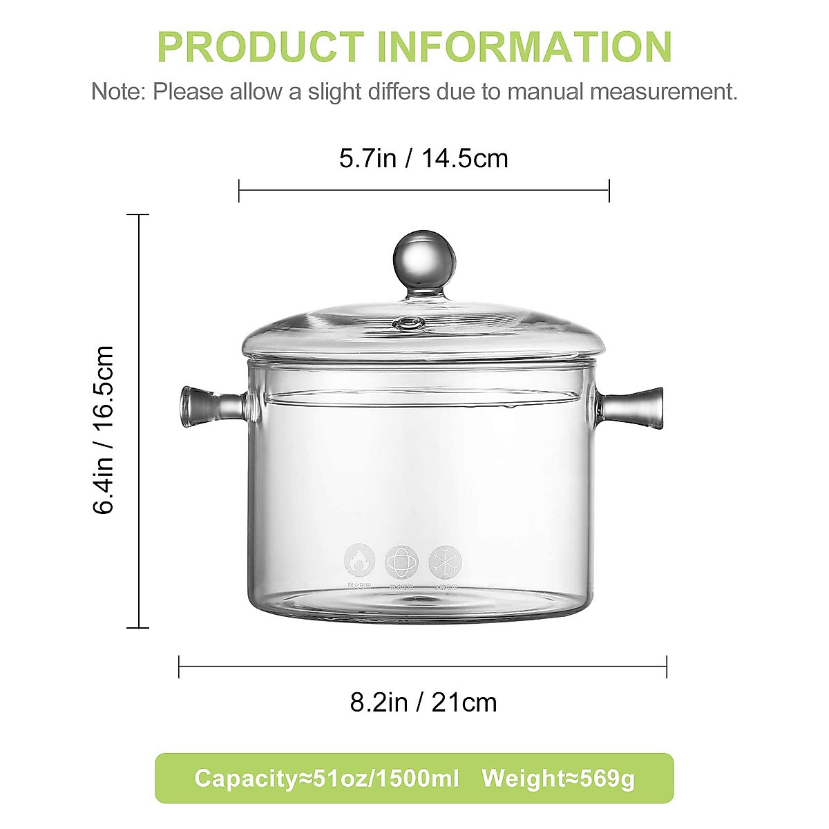 Glass Saucepan with Cover- 1.5 Liter/50oz Handmade Glass Pot with handle, Heat Resistant Cooking Pot/Pan Cookware for Soup, Pasta,& Baby Food