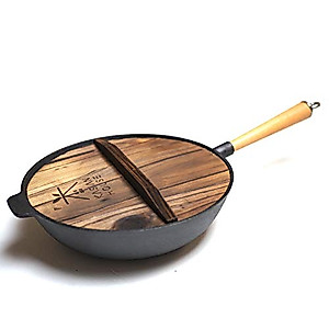 Kasian House Cast Iron Wok with Wooden Handle and Lid, Pre-Seasoned, 12" Diameter Chinese Wok with Flat Bottom, Heavy Duty Stir Fry Pan