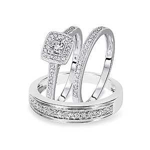 YDD 1/2 CT. T.W. Round-Cut Moissanite Couple Ring for His Hers Bridal Sets Engagement Rings Sets for Women, Men Vintage Halo Wedding Engagement Ring Band in 925 Sterling Silver Free Engraved