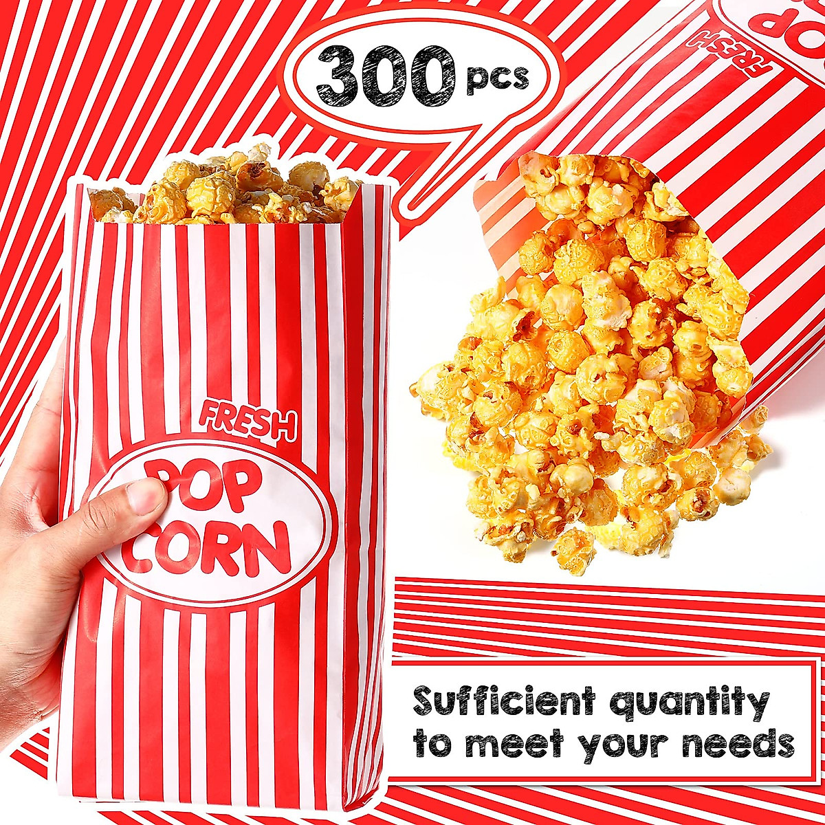 300 Pcs Popcorn Bags Popcorn Boxes Paper Red and White Movie Popcorn Bags for Carnival Movie Theme Party Supplies (5.51 x 1.97 x 11.22 Inches)