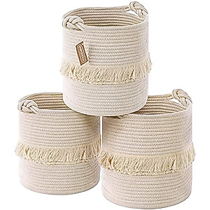 Woven Cotton Rope Farmhouse Storage Basket - 3 Pack 11 Inches Round Cube Decorative Organizer Bins with Cute Handles for Dog Toy, Clothes - Baby Girls Boys Nursery Decor