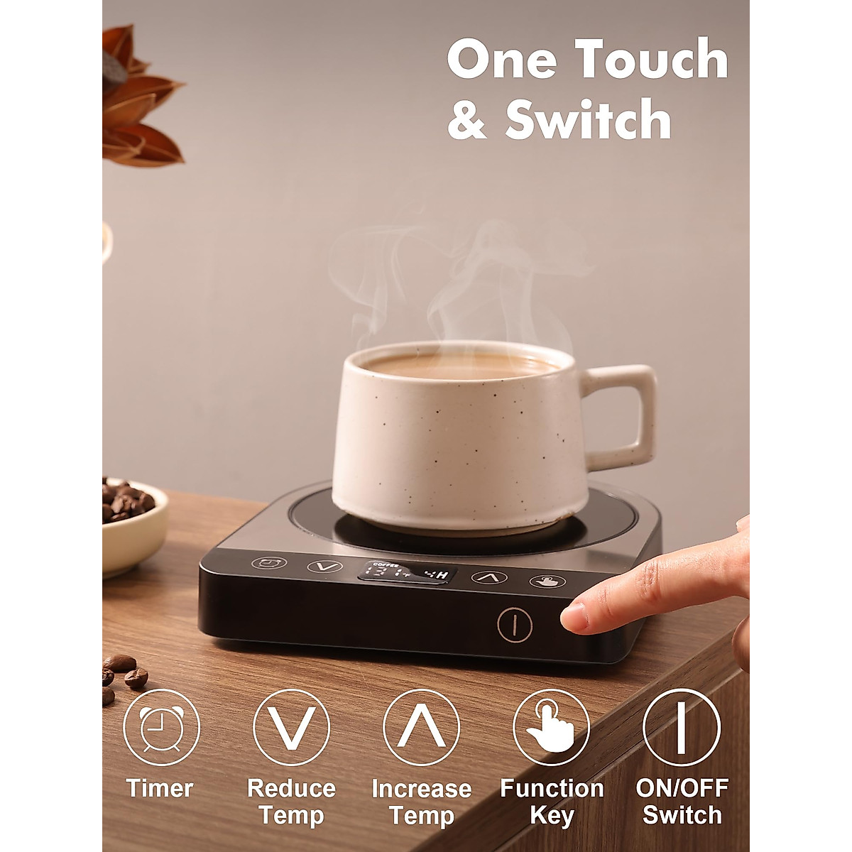 Rigstne Coffee Mug Warmer - 50W Mug Warmer for Desk, Coffee Cup Warmer Fast Heating, Candle Warmer Plate for Travel, Office and Home, 15 Temp Settings, Black