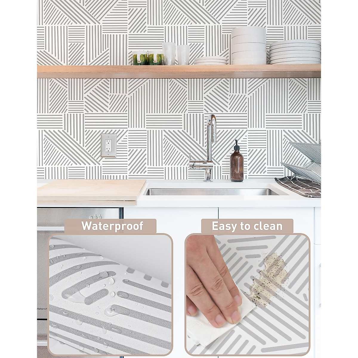 Tomete Gray and White Wallpaper Geometric Wallpaper Peel and Stick Wallpaper Boho Modern Geometric Contact Paper for Cabinets Removable Line Bathroom Wallpaper Waterproof Self-Adhesive17.3”×393”