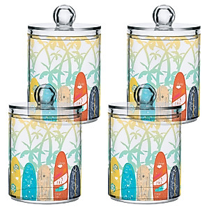 susiyo 2 Pack Bathroom Vanity Storage Organizer Canister Palm Trees Surf Boards Plastic Apothecary Jar Containers Qtip Holder Dispenser for Cotton Balls, Swabs, Makeup Sponges, Bath Salts, Hair Clips