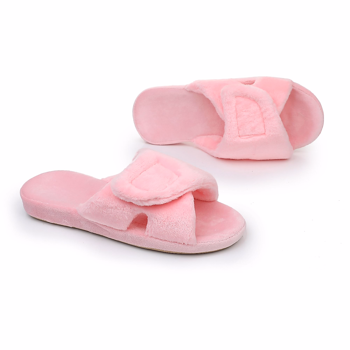 Women's Adjustable Diabetic Slippers Memory Foam House Shoes Cozy Arch Support Orthotic Heel Cup Arthritis Edema Slippers Non Slip Rubber Sole, Open Toe Fuzzy Slide Sandals for Ladies,Pink 8/9