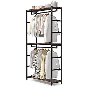 Tribesigns Free-standing Closet Organizer with 3 Storage Shelves and 2 Hanging Rod, Large Standing Clothes Garment Rack for Bedroom Living Room (Brown)
