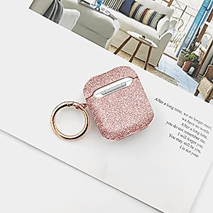 MOLOVA Bling Case for Airpods 1&2 Case,Hard Cover Glitter Rose Gold Luxury Leather with Gold-Plated Frame Shock Proof Cover with Keychain（Rose Gold）