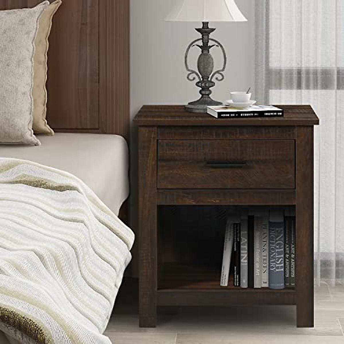 Vikiullf Farmhouse Nightstand-Wooden,Night Stand for bedroom,Bedside Table with 1 Drawer for Bedroom, Open Cabinet & Sliding Drawer, Espresso 1-Drawer (2 Pieces)